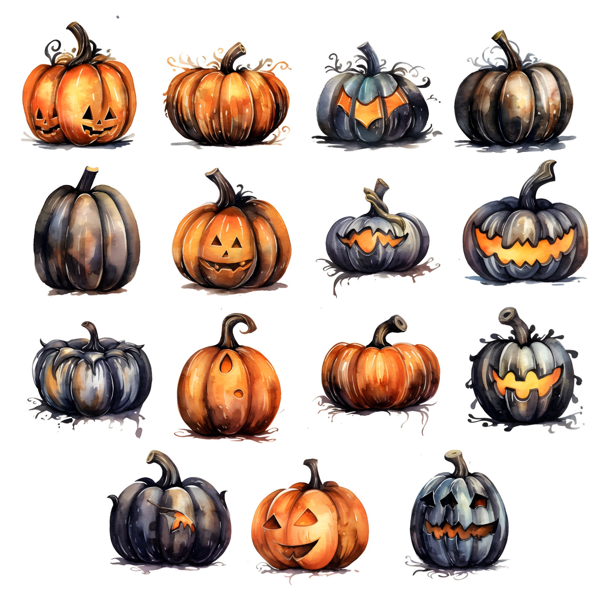 Black Pumpkin Clipart Bundle Watercolor Halloween Fall - Etsy