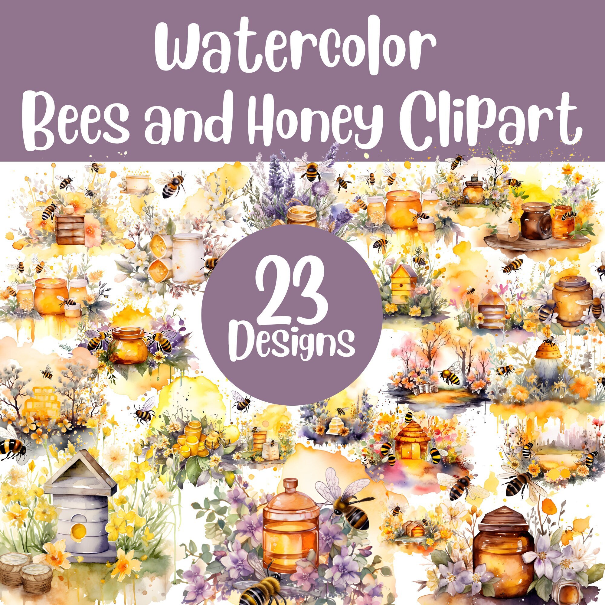 Watercolor Honey Bee Clipart - Spring Floral and Honey - Spring Clipart ...