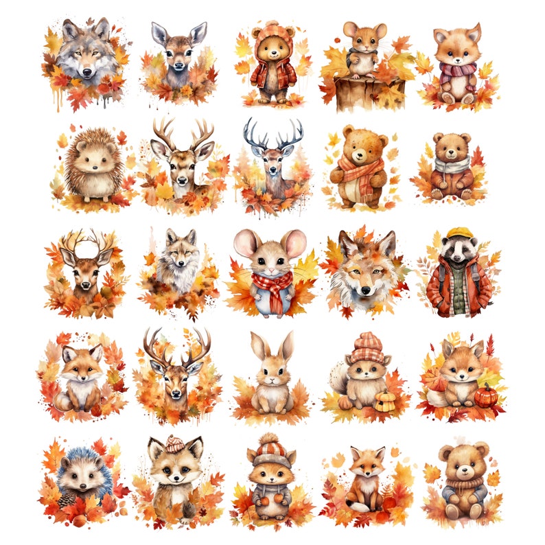 Autumn Animals Clipart Pumpkins Harvest and Fall Foliage - Etsy