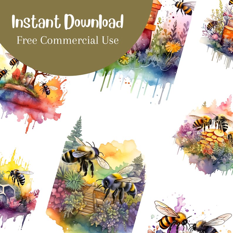 Watercolor Honey Bee Clipart Rainbow Garden Scene Spring Clipart PNG ...