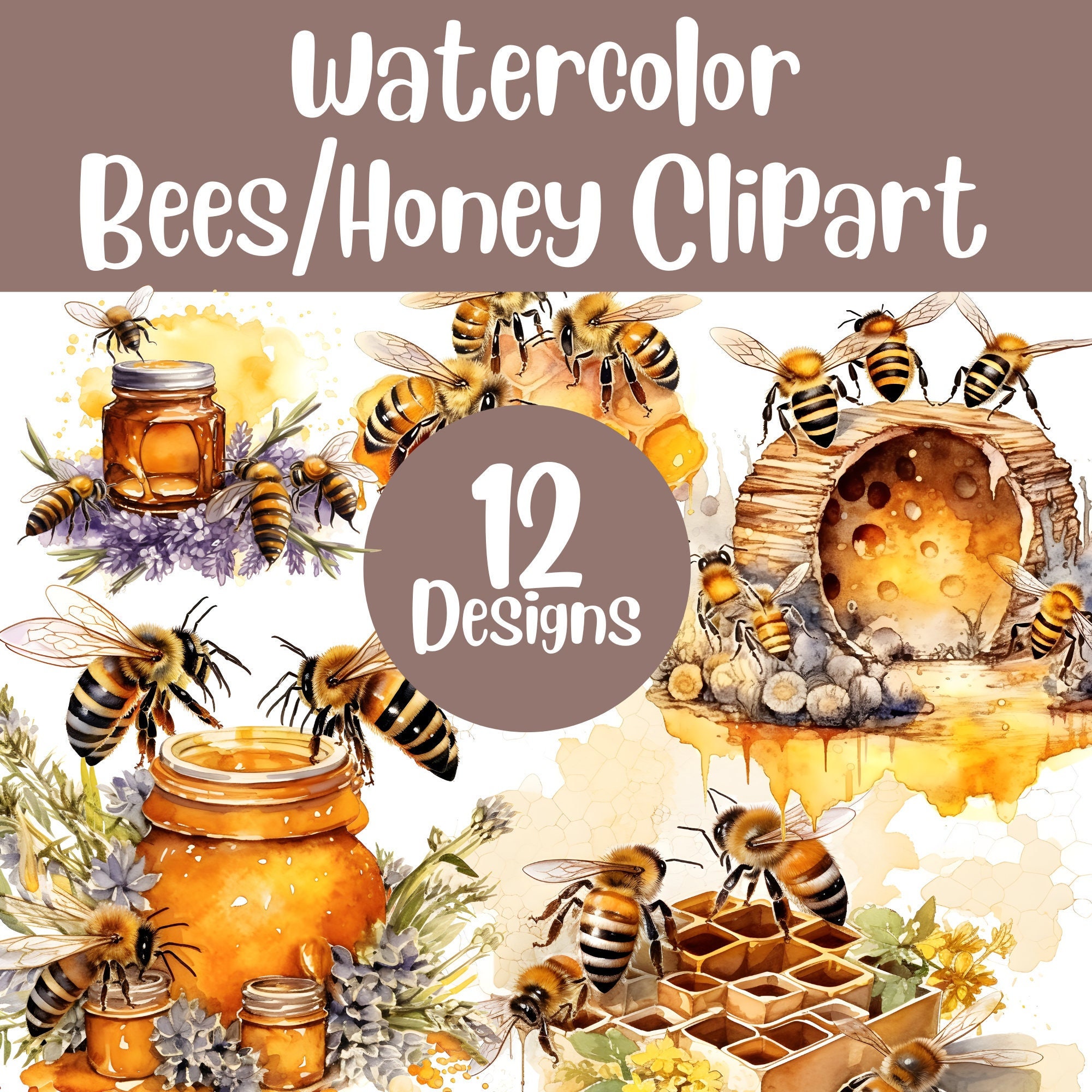 Watercolor Honey Bee Clipart - Spring Floral and Honey - Spring Clipart ...