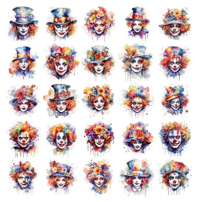 Clown Face Clipart, Whimsical Watercolor Style PNG Designs Colorful ...
