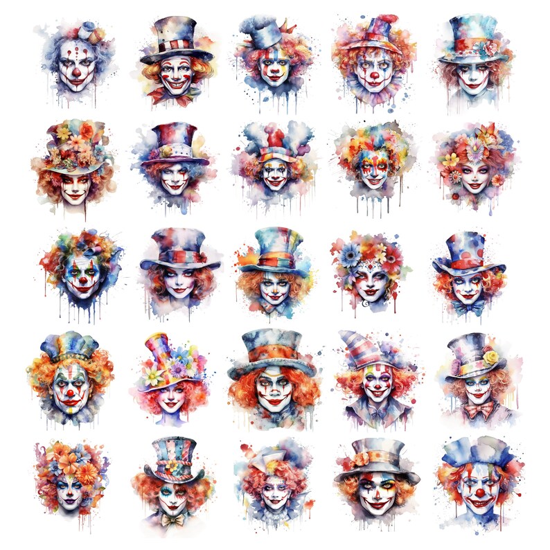 Clown Face Clipart, Whimsical Watercolor Style PNG Designs Colorful ...