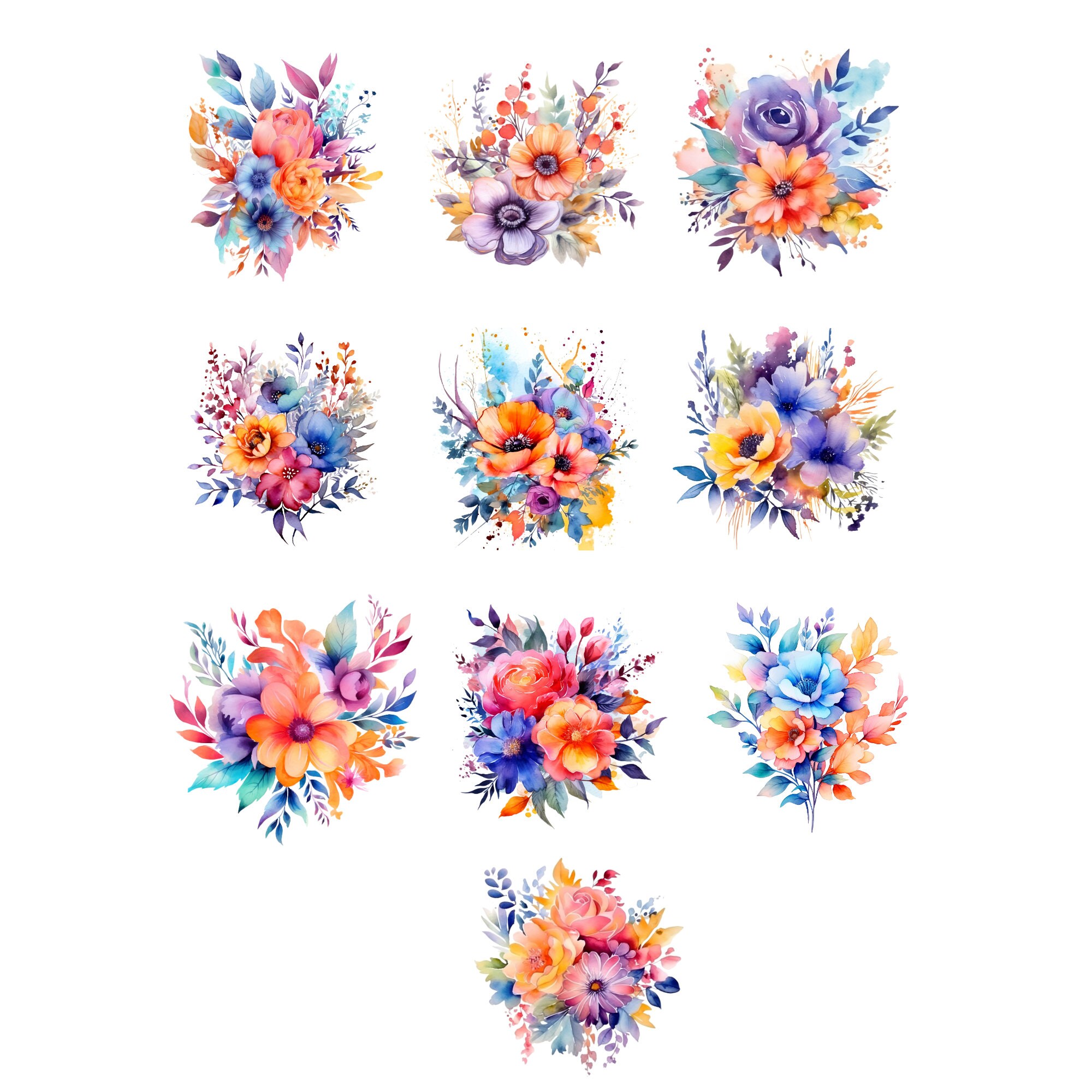 Rainbow Flowers PNG Bundle Watercolor Floral Clipart - Etsy