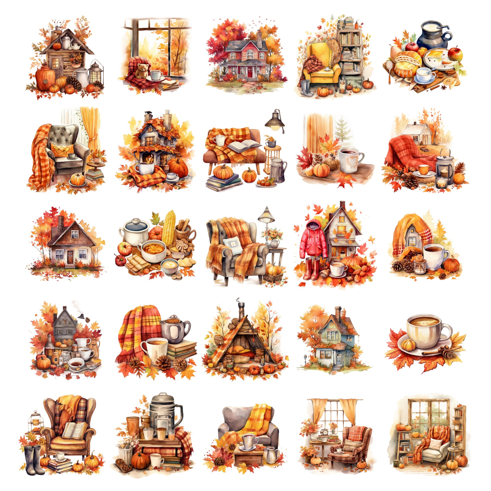 Cozy Fall Autumn Leaves, Pumpkins, Harvest, and Fall Foliage Clipart ...