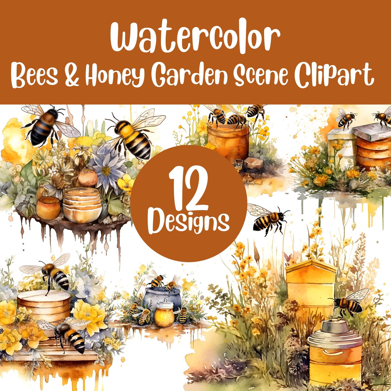 Watercolor Honey Bee Clipart - Garden Scene - Spring Clipart - PNG ...