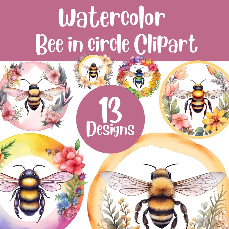 Watercolor Honey Bee and Floral Clipart Circles Spring Floral and Bees ...
