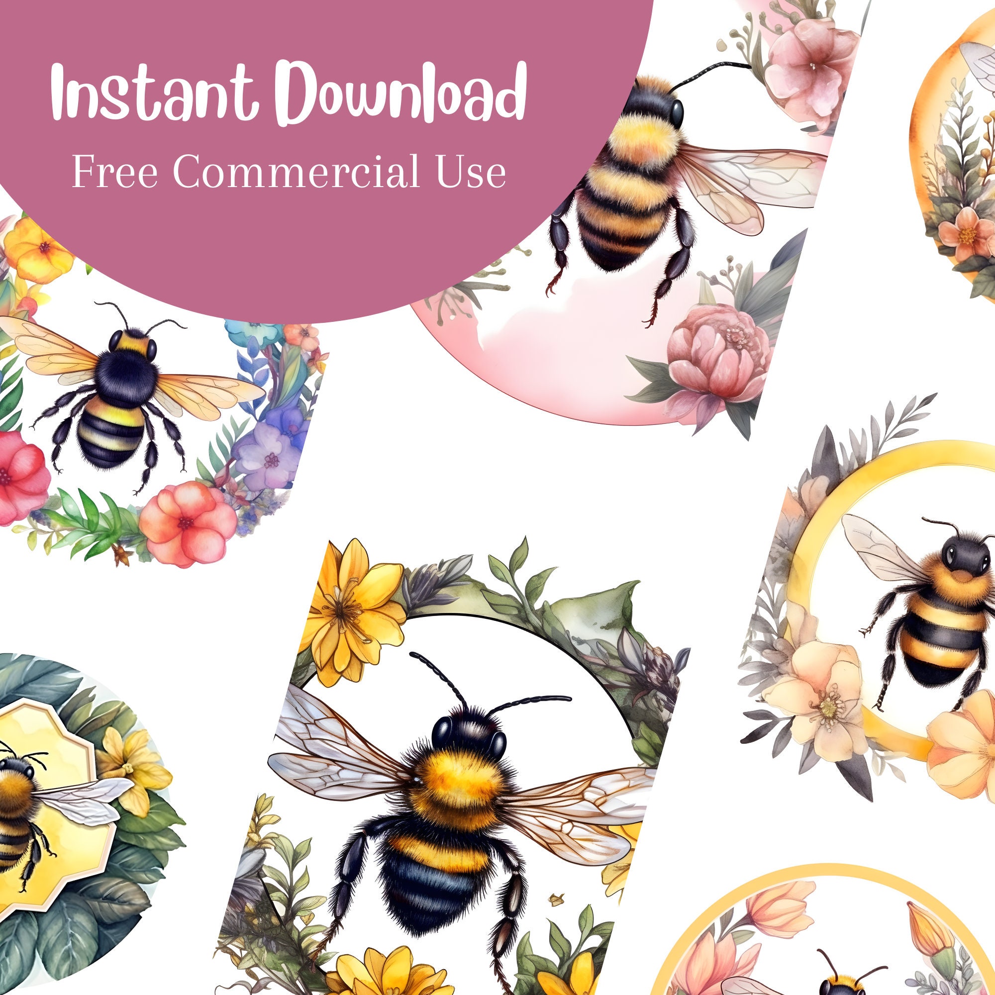 Watercolor Honey Bee and Floral Clipart Circles Spring Floral and Bees ...