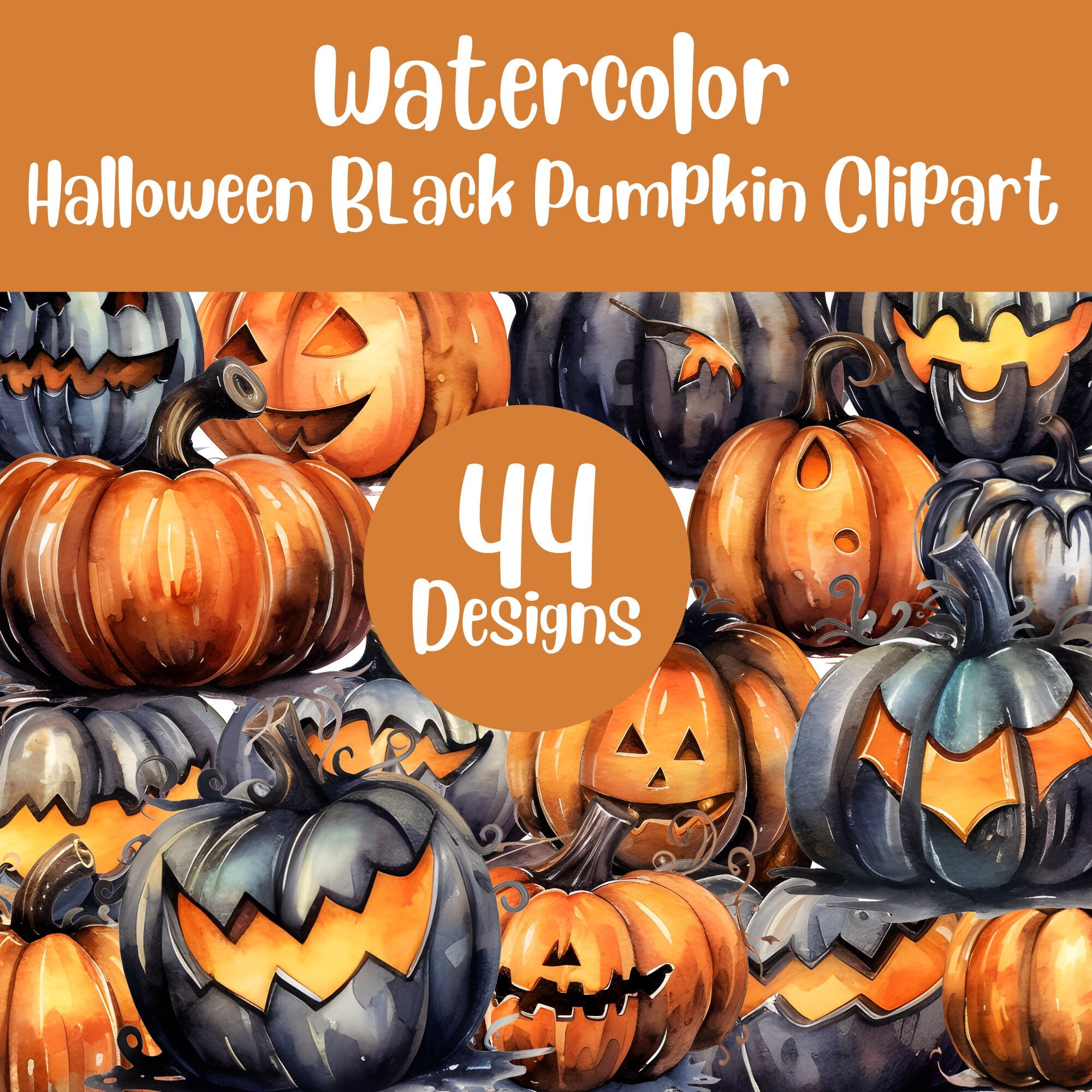 Black Pumpkin Clipart Bundle Watercolor Halloween Fall - Etsy