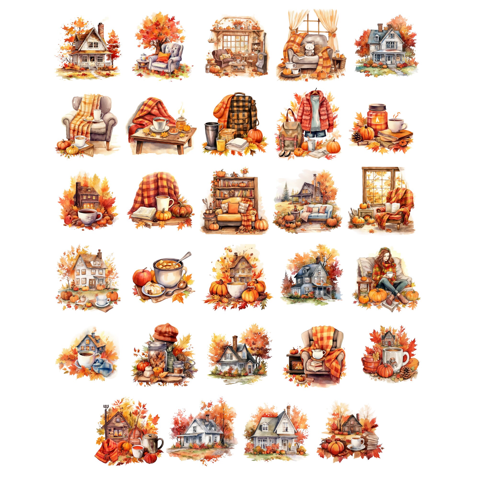 Cozy Fall Autumn Leaves, Pumpkins, Harvest, and Fall Foliage Clipart ...