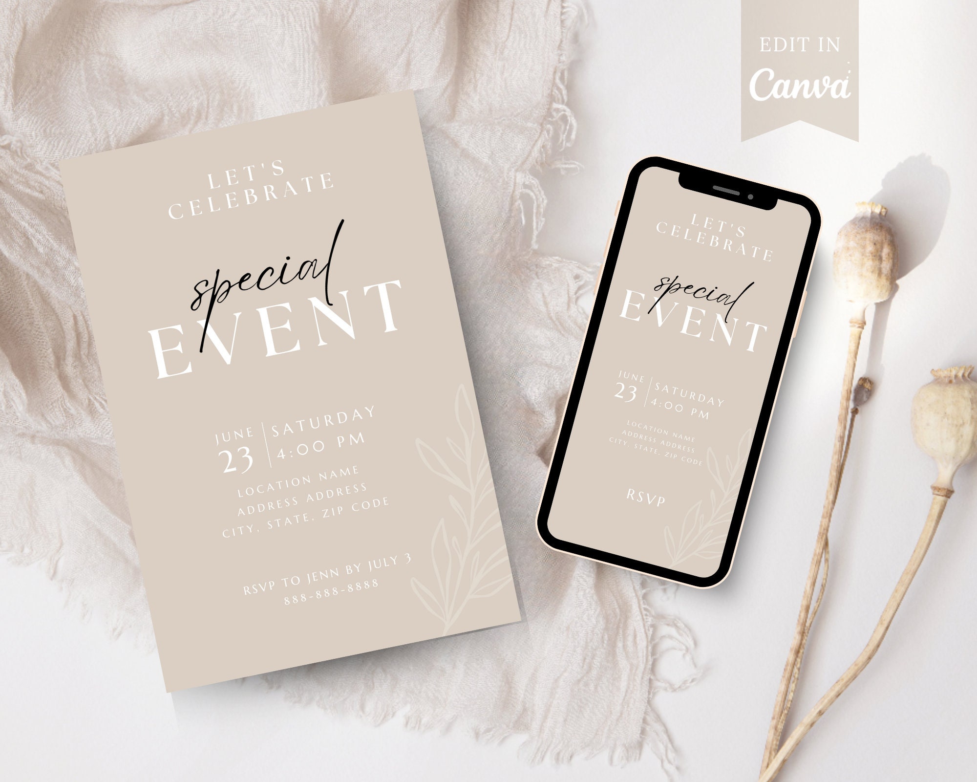 Special Event Beige Boho Printable & Digital Invitation Tan Event ...