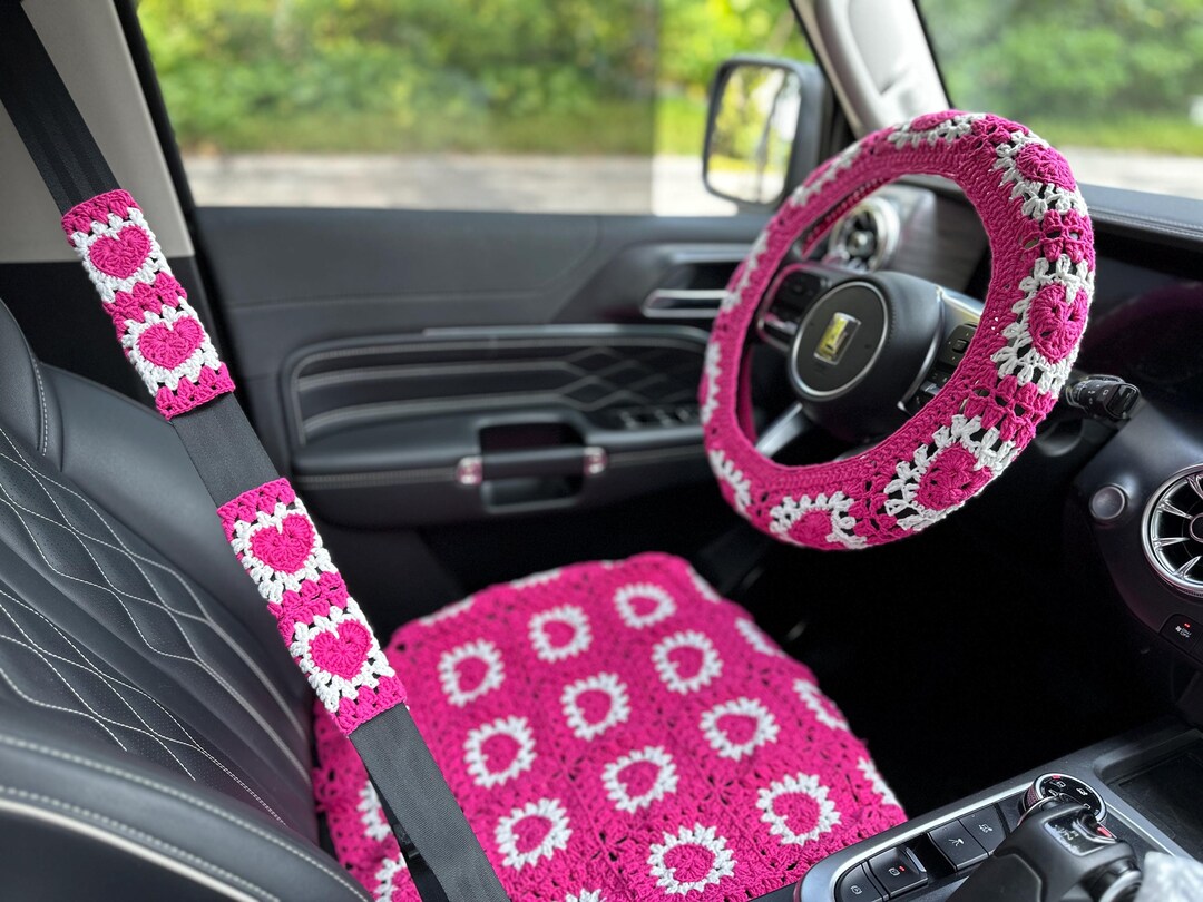 Love Heart Wheel Cover,crochet Seat Belt Cover, Steering Wheel Cover ...