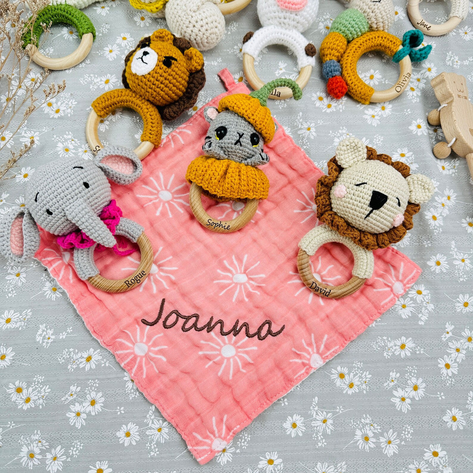 Personalized Baby Rattles,baby Wooden Ring Rattles,crochet Animal ...