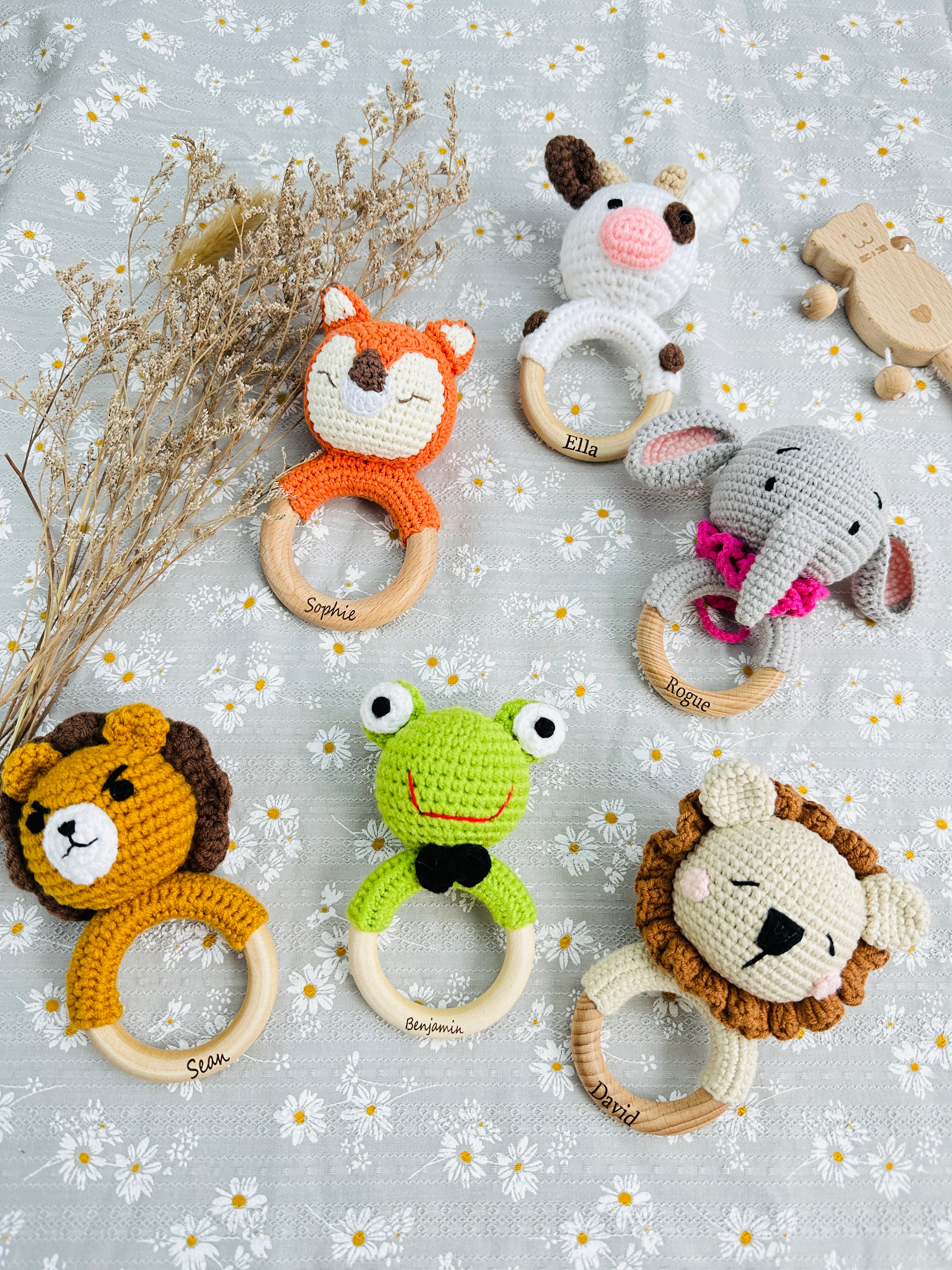 Personalized Baby Rattles,baby Wooden Ring Rattles,crochet Animal ...