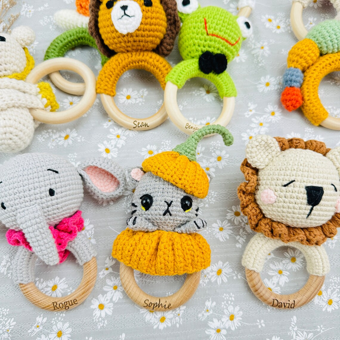 Personalized Baby Rattles,baby Wooden Ring Rattles,crochet Animal ...