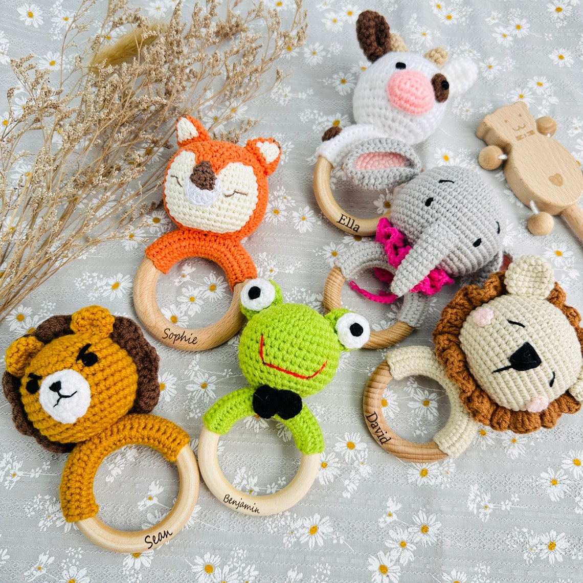 Personalized Baby Rattles,baby Wooden Ring Rattles,crochet Animal ...