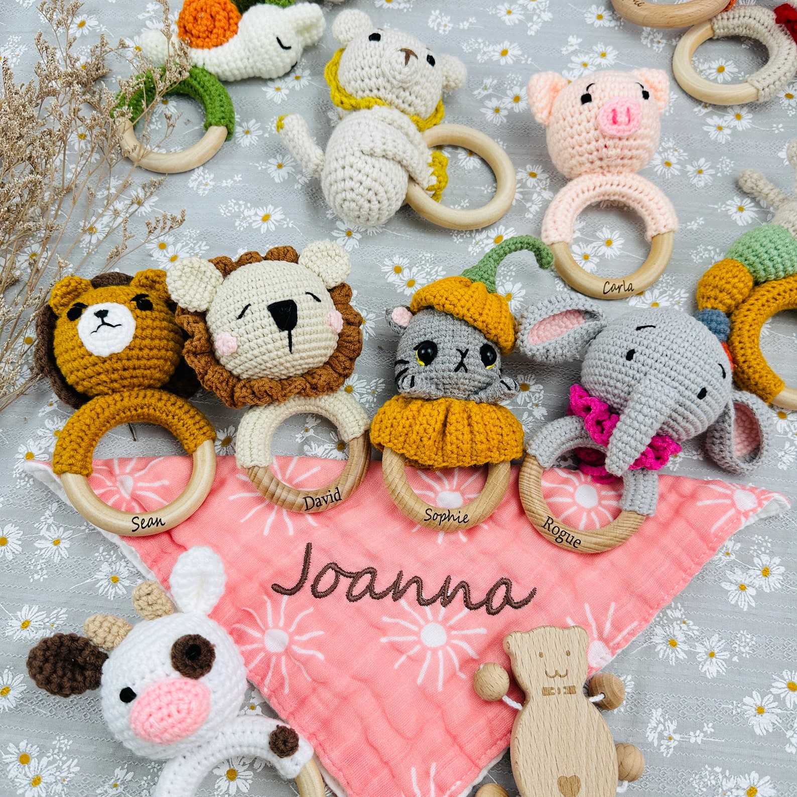 Personalized Baby Rattles,baby Wooden Ring Rattles,crochet Animal ...