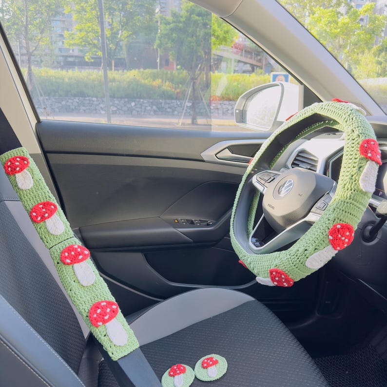 Mushroom Crochet Steering Wheel Cover,flower Crochet Seat Belt Cover ...