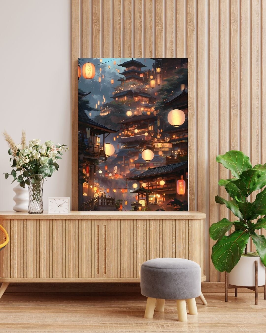 Cosy City at Night Poster Ghibli Inspired Lantern Cityscape Print ...