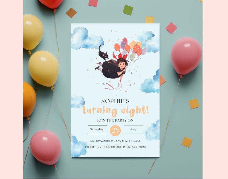 Kiki Little Witch Birthday Invitation, Ghibl Witch and Cat Theme ...
