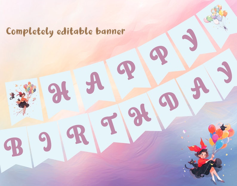 Kiki Birthday Party Bundle, Editable Ghibl Invitation, Banner, Toppers ...