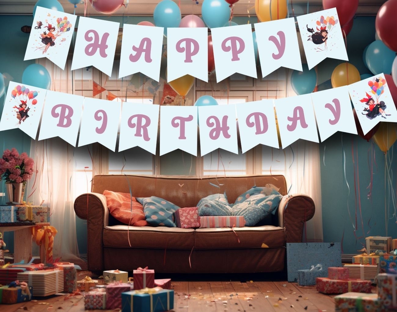 Editable Kiki Party Banner, Birthday Deco, Ghibl Inspired Customizable ...