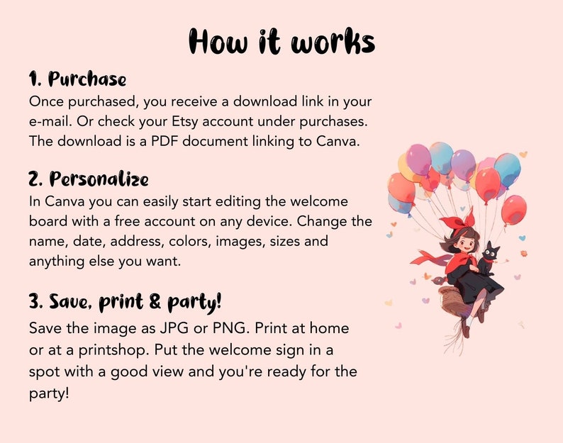 Kiki Birthday Welcome Sign, Ghibl Inspired, Editable Canva Template ...
