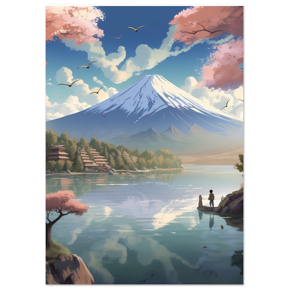 Mt Fuji Poster Anime Ghibli Style Lake Kawaguchiko and Cherry Blossom ...
