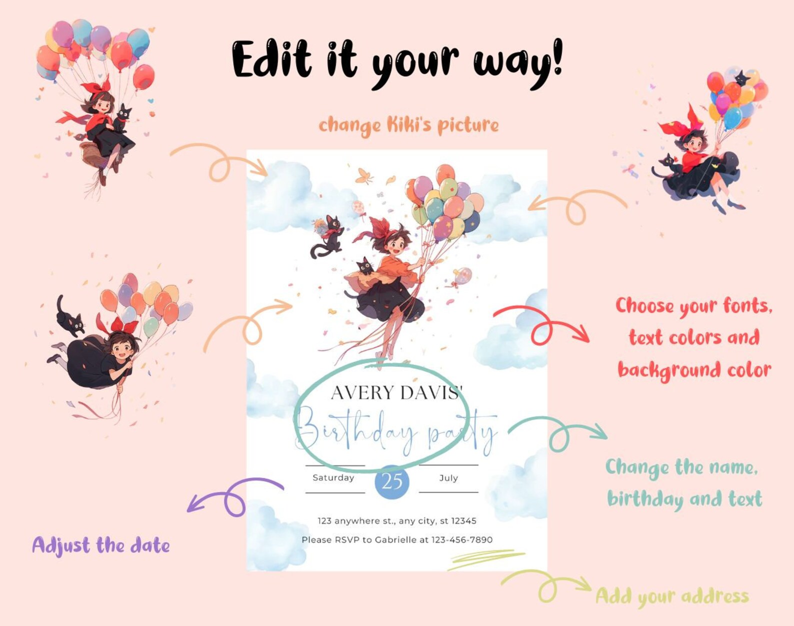 Editable Kiki Birthday Party Invitation, Little Witch and Cat Ghibl ...
