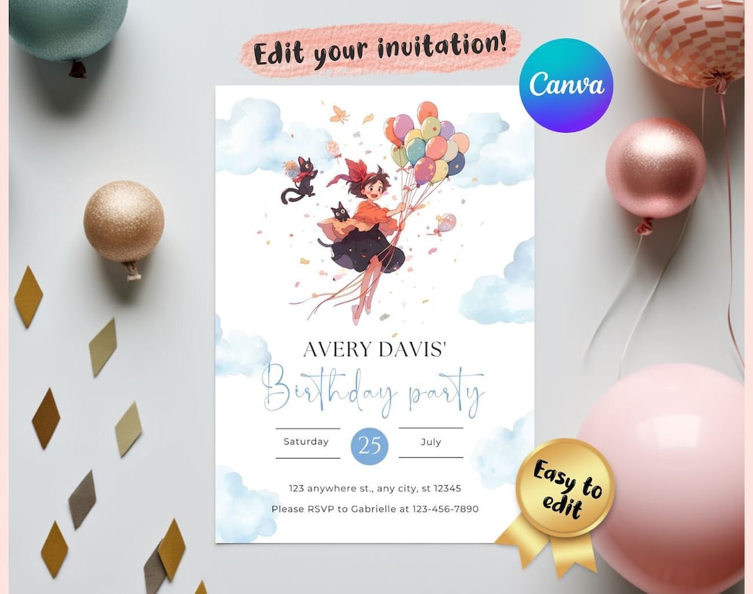 Editable Kiki Birthday Party Invitation, Little Witch and Cat Ghibl ...