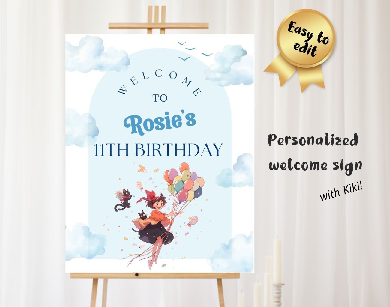 Kiki Birthday Welcome Sign, Ghibl Inspired, Editable Canva Template ...