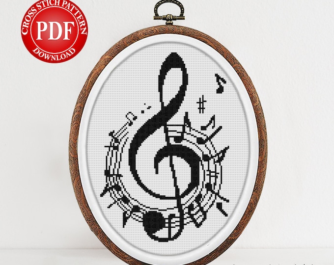 Treble Clef With Piano Keyboard Cross Stitch Pattern, Modern Cross ...