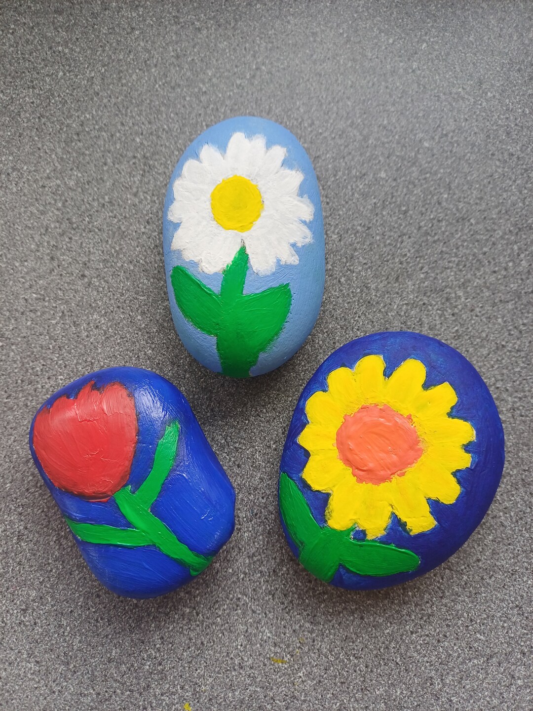 3 Hand Painted Stones, Flower Painted Stones, Painted Pebbles, Spring ...
