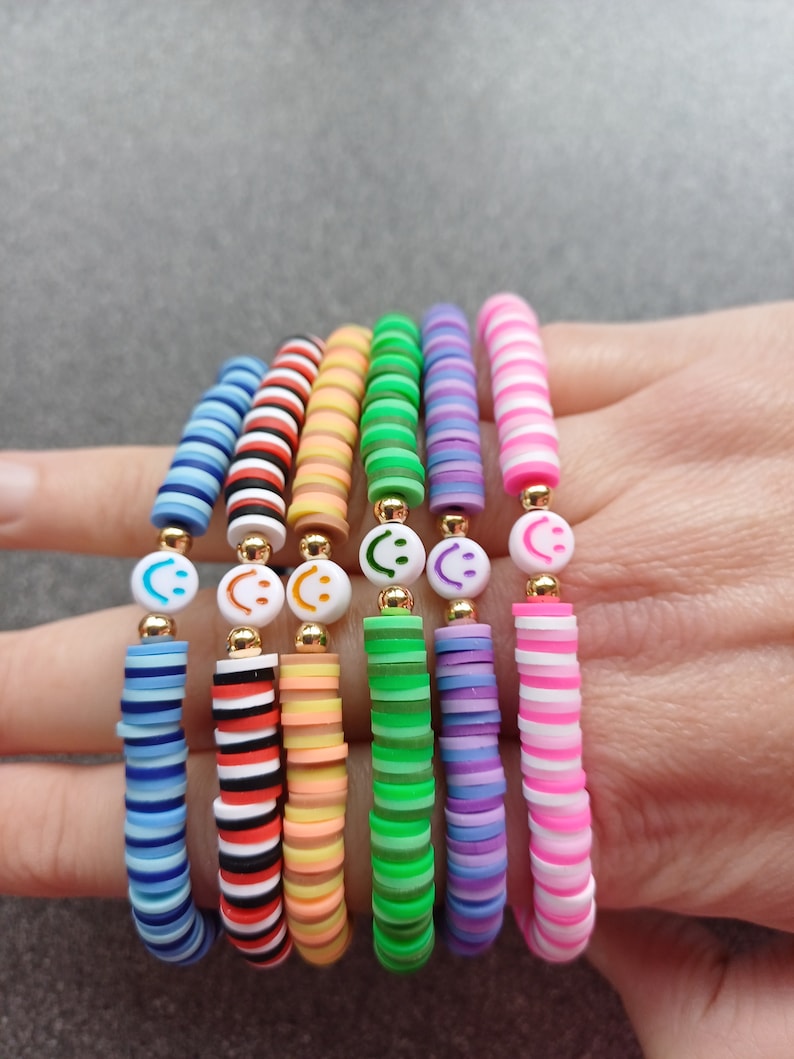 Handmade Colourful Smiley Face Bracelets, Clay Beaded Bracelets, Preppy ...