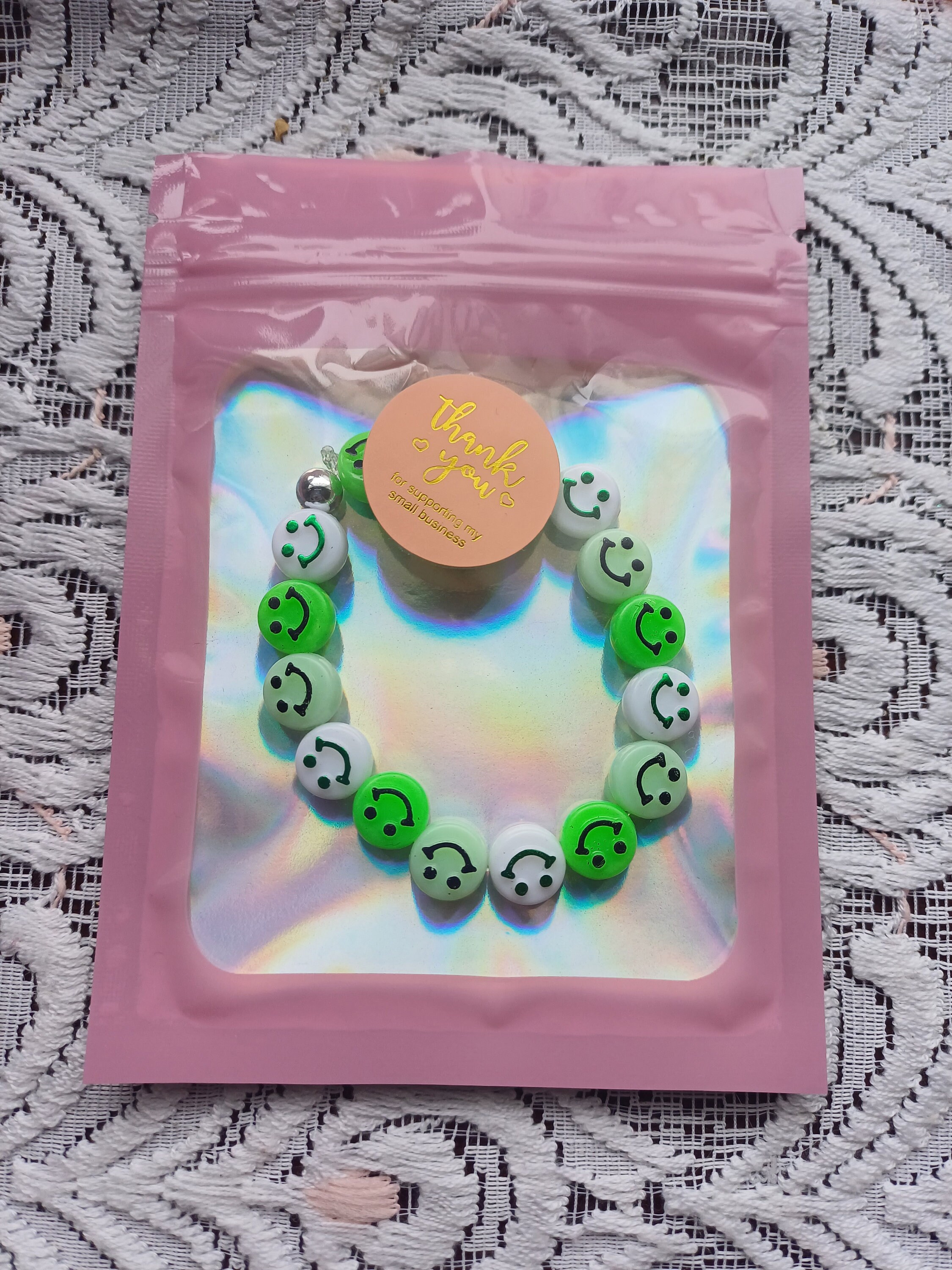 Handmade Green and White Smiley Face Bracelet, Childrens Kids Bracelet ...