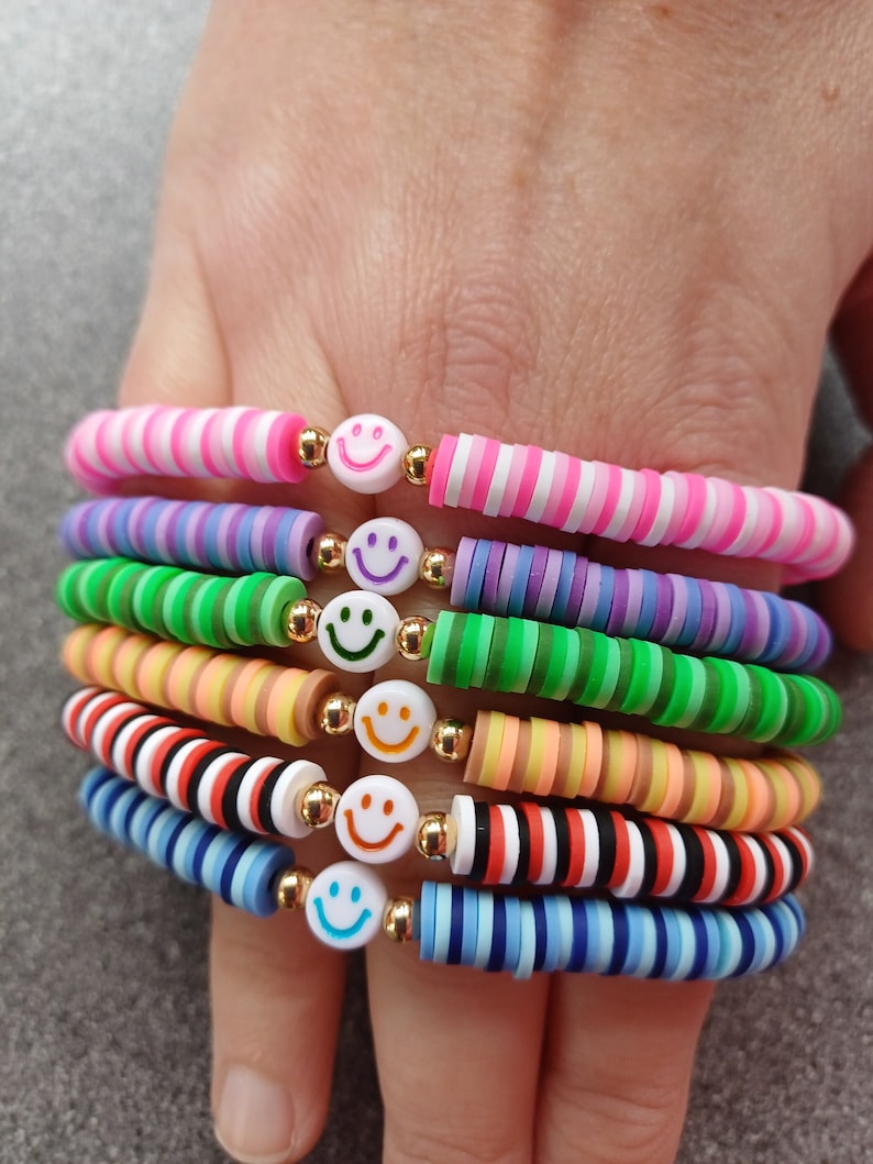 Handmade Colourful Smiley Face Bracelets, Clay Beaded Bracelets, Preppy ...