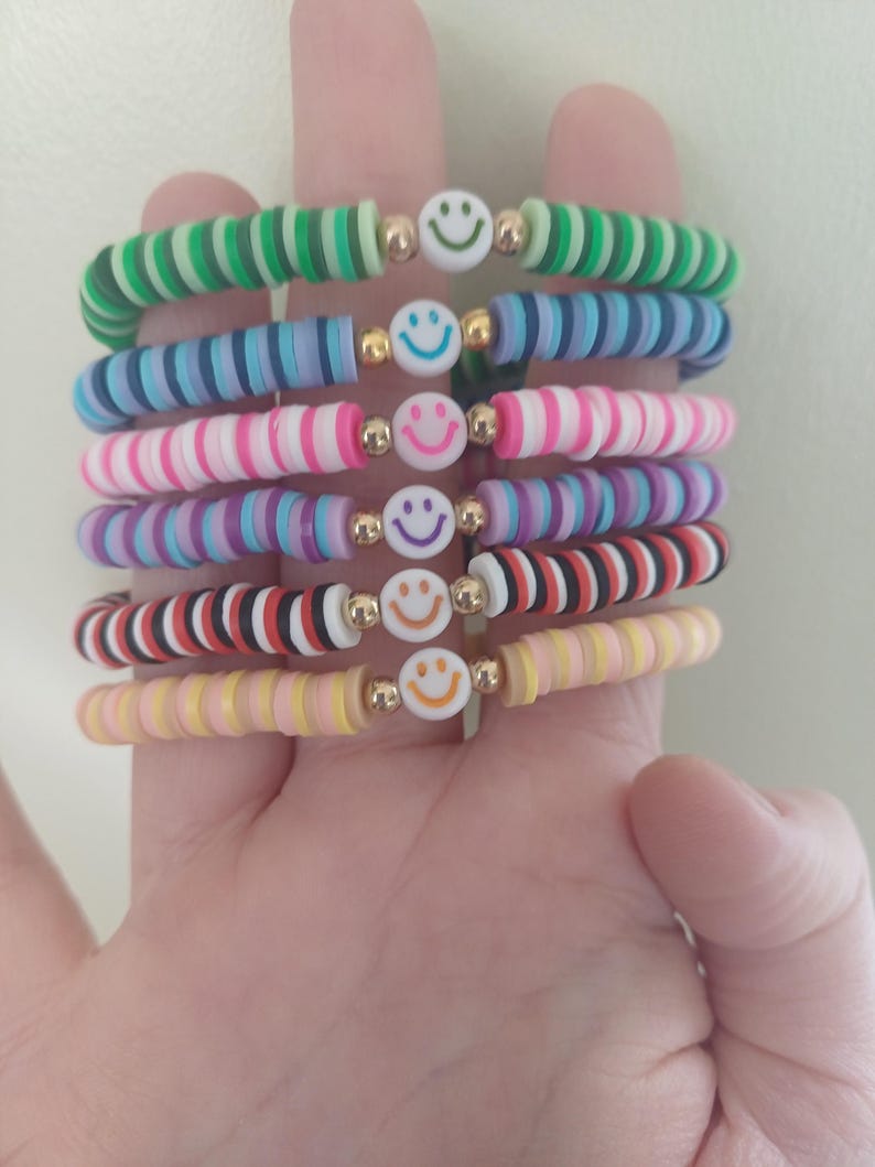Handmade Colourful Smiley Face Bracelets, Clay Beaded Bracelets, Preppy ...