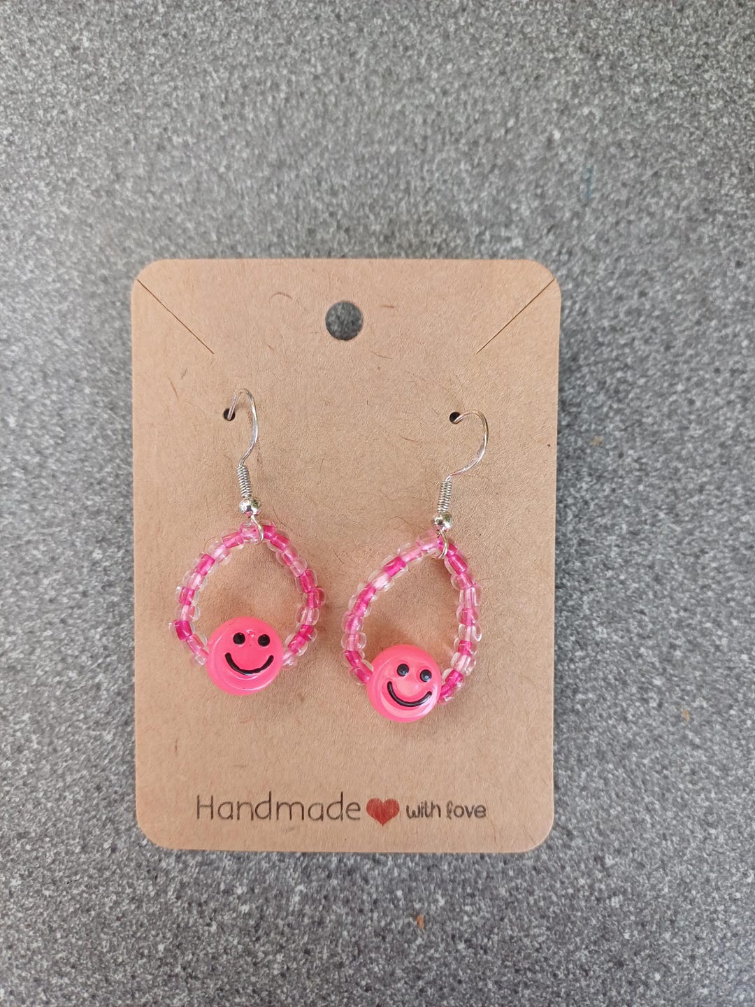 Handmade Pink Smiley Face Dangly Earrings, Pink Earrings, Seed Beaded ...