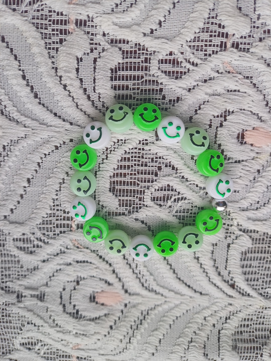 Handmade Green and White Smiley Face Bracelet, Childrens Kids Bracelet ...