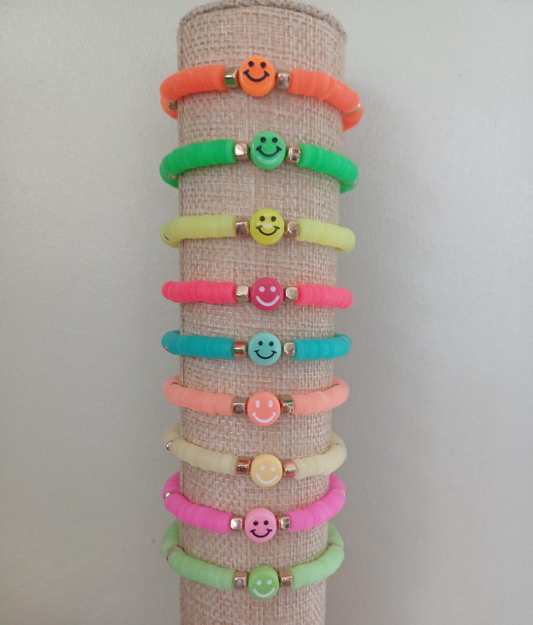 Handmade Colourful Smiley Face Bracelets, Clay Beaded Bracelets, Neon ...
