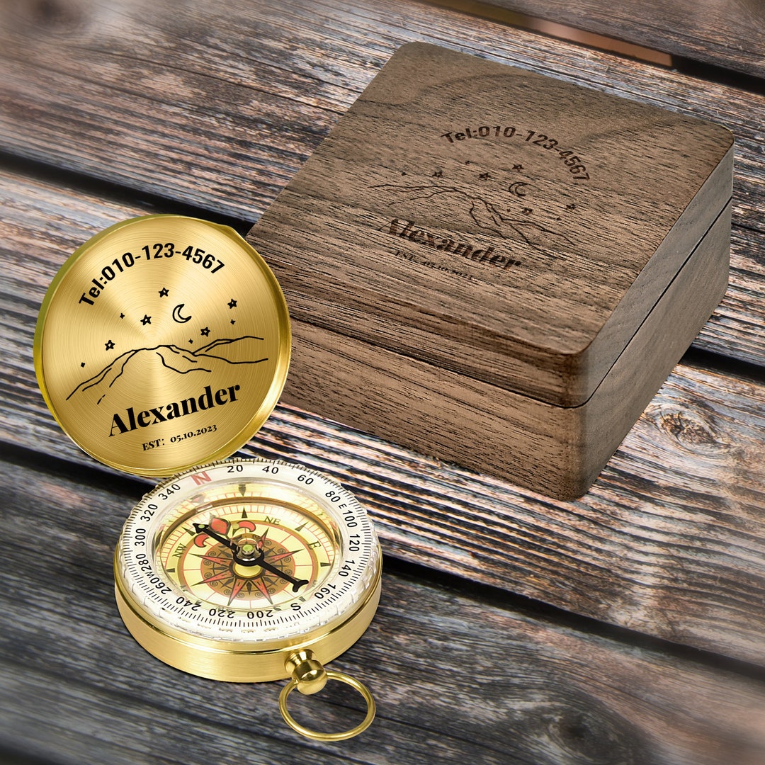 Personalized Working Sundial Compass,cross Wooden Box Engraved Compass ...
