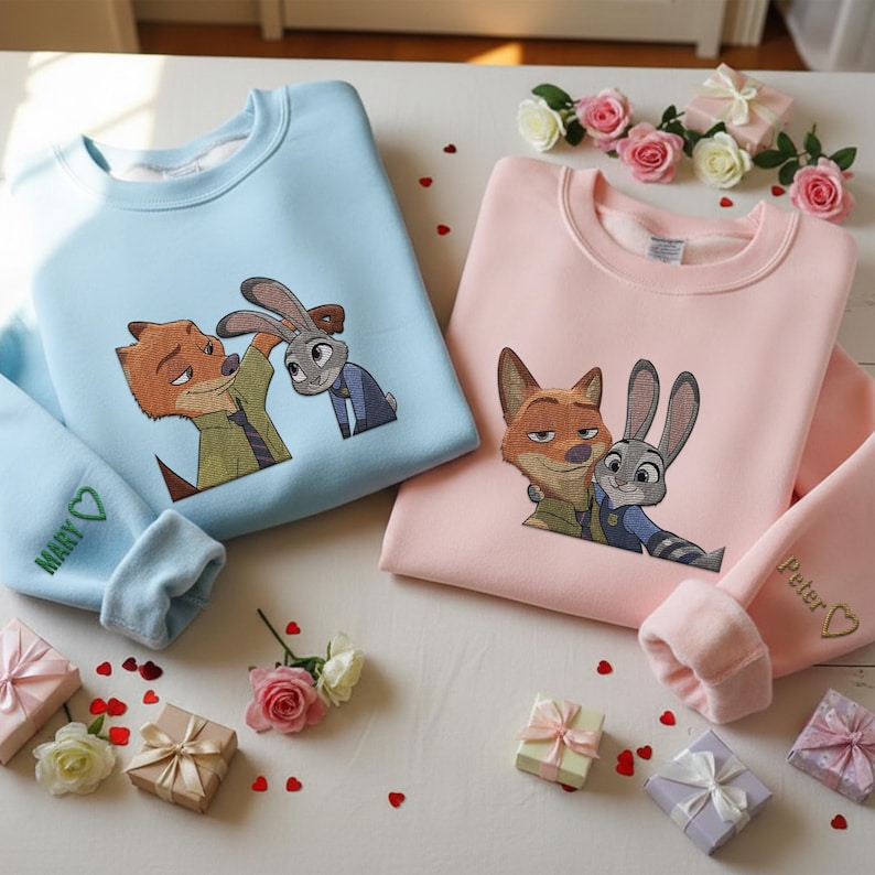 Embroidered Disney Zootopia Nick and Judy Couple Sweatshirt ...