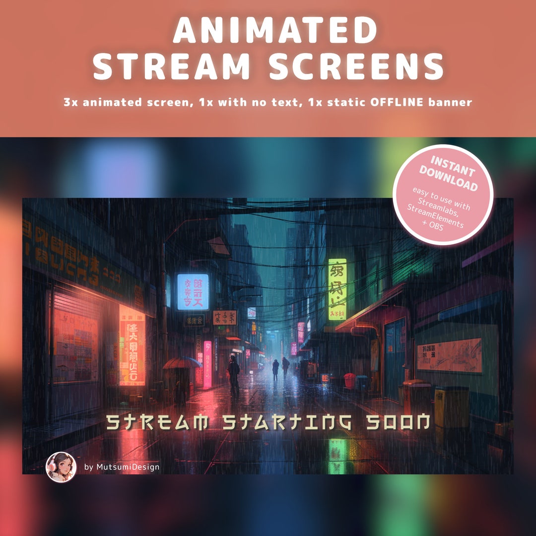 Animated Cozy Stream Screens Package Neon Night Drizzle Theme Twitch ...