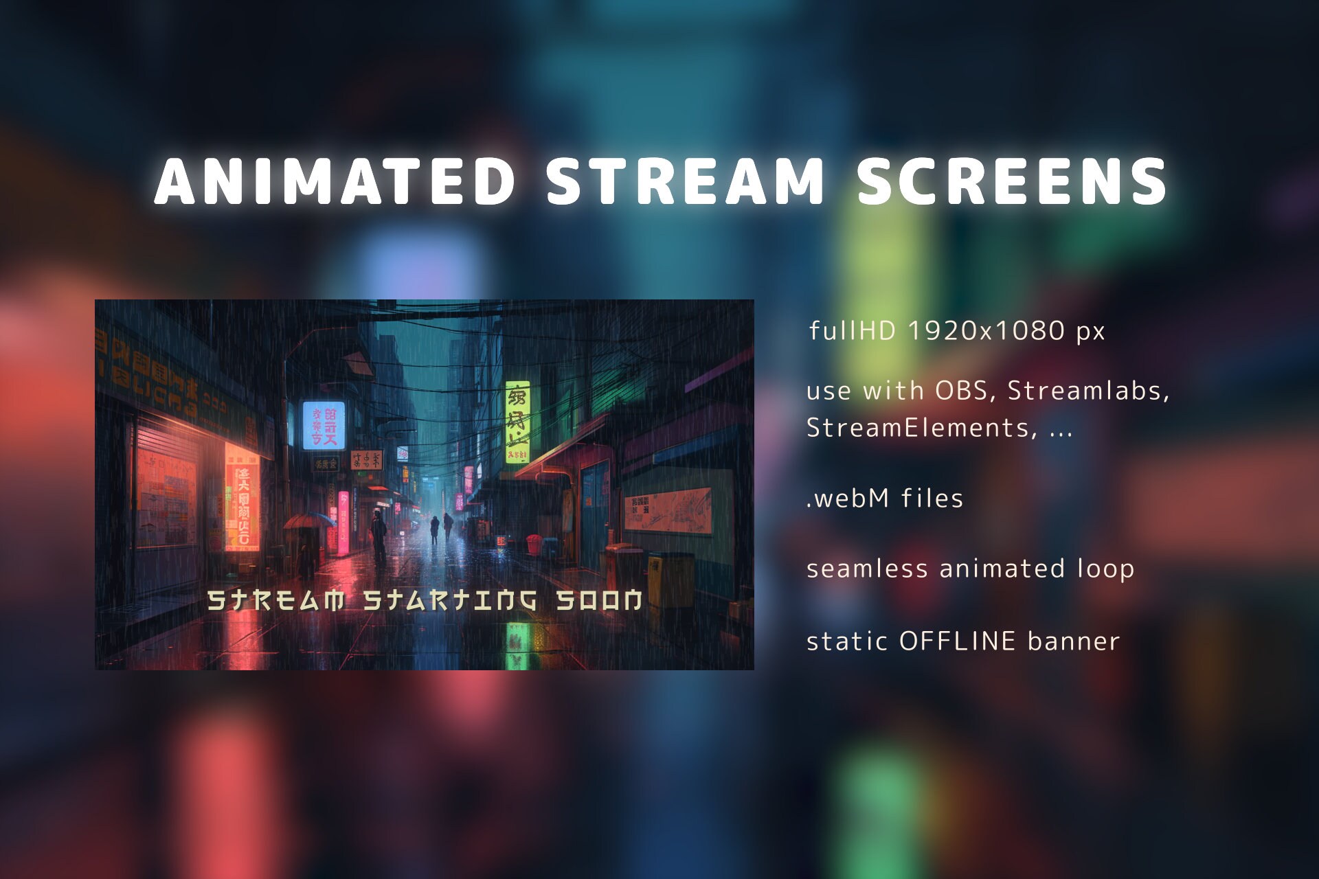 Animated Cozy Stream Screens Package Neon Night Drizzle Theme Twitch ...