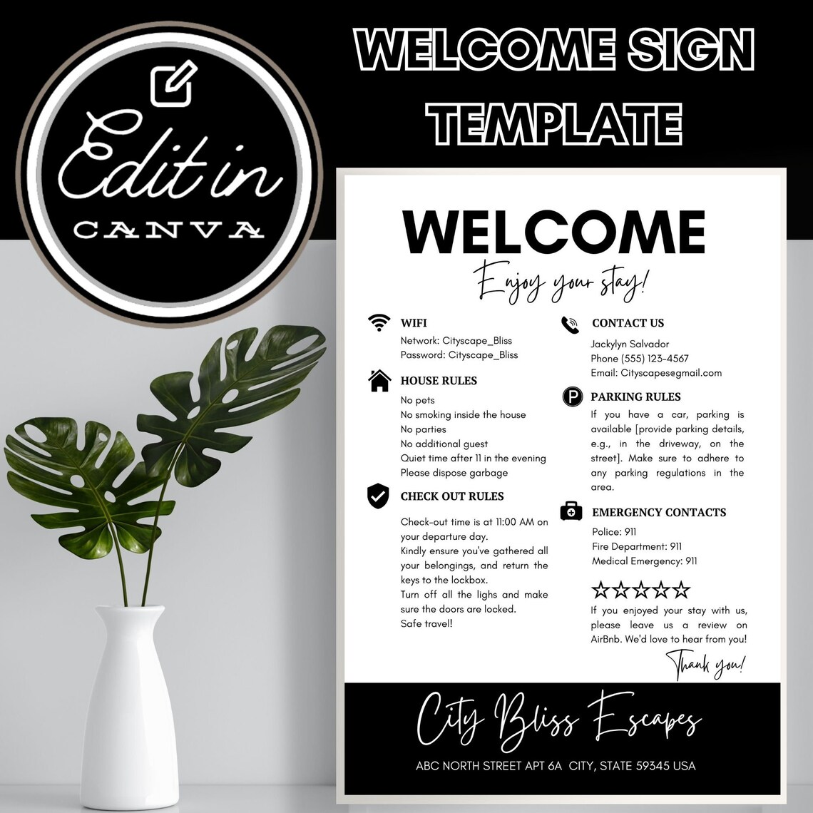 Editable Airbnb Welcome Guide Signage, Printable Short Term Rental ...