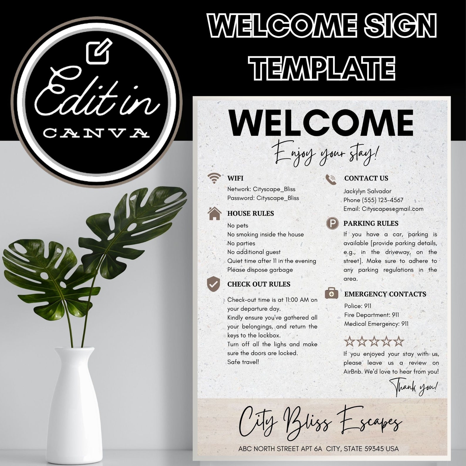 Welcome Sign for Airbnb Hosts, Vacation Rental Printable, Editable ...