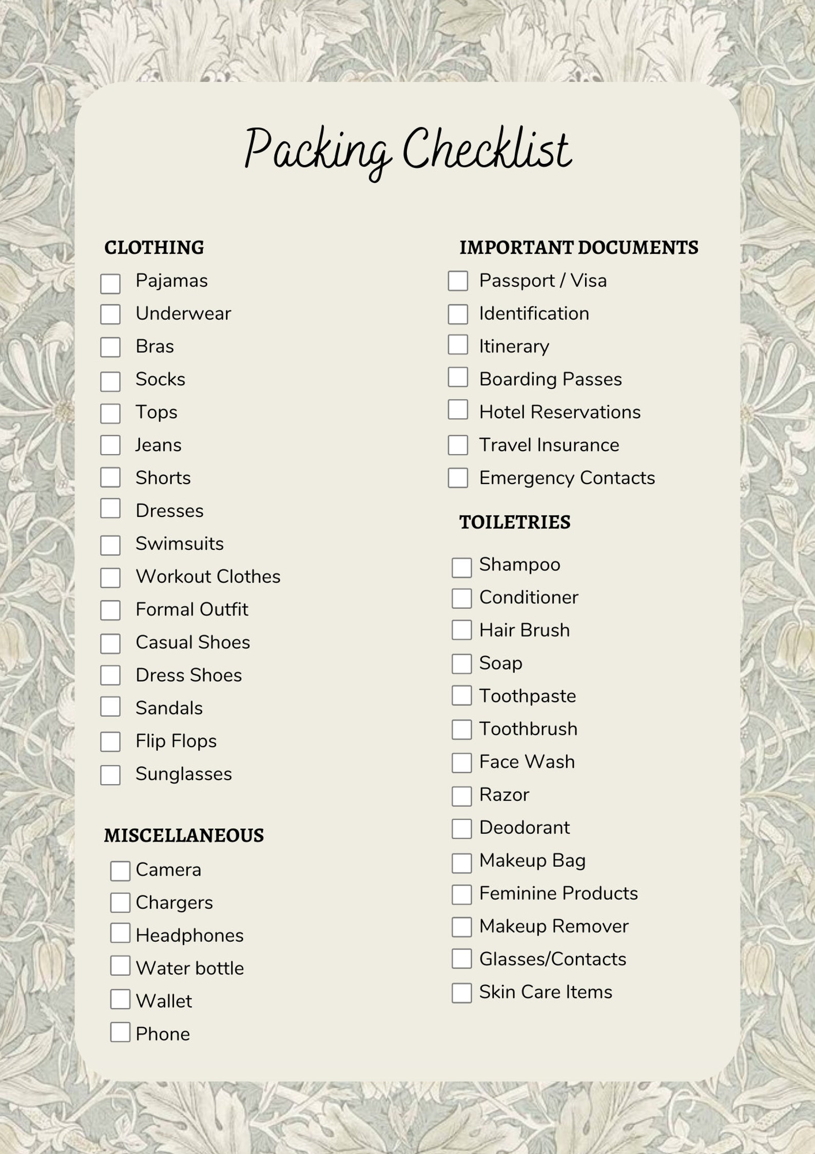 Packing Checklist Instant Download Minimal Digital Planner - Etsy