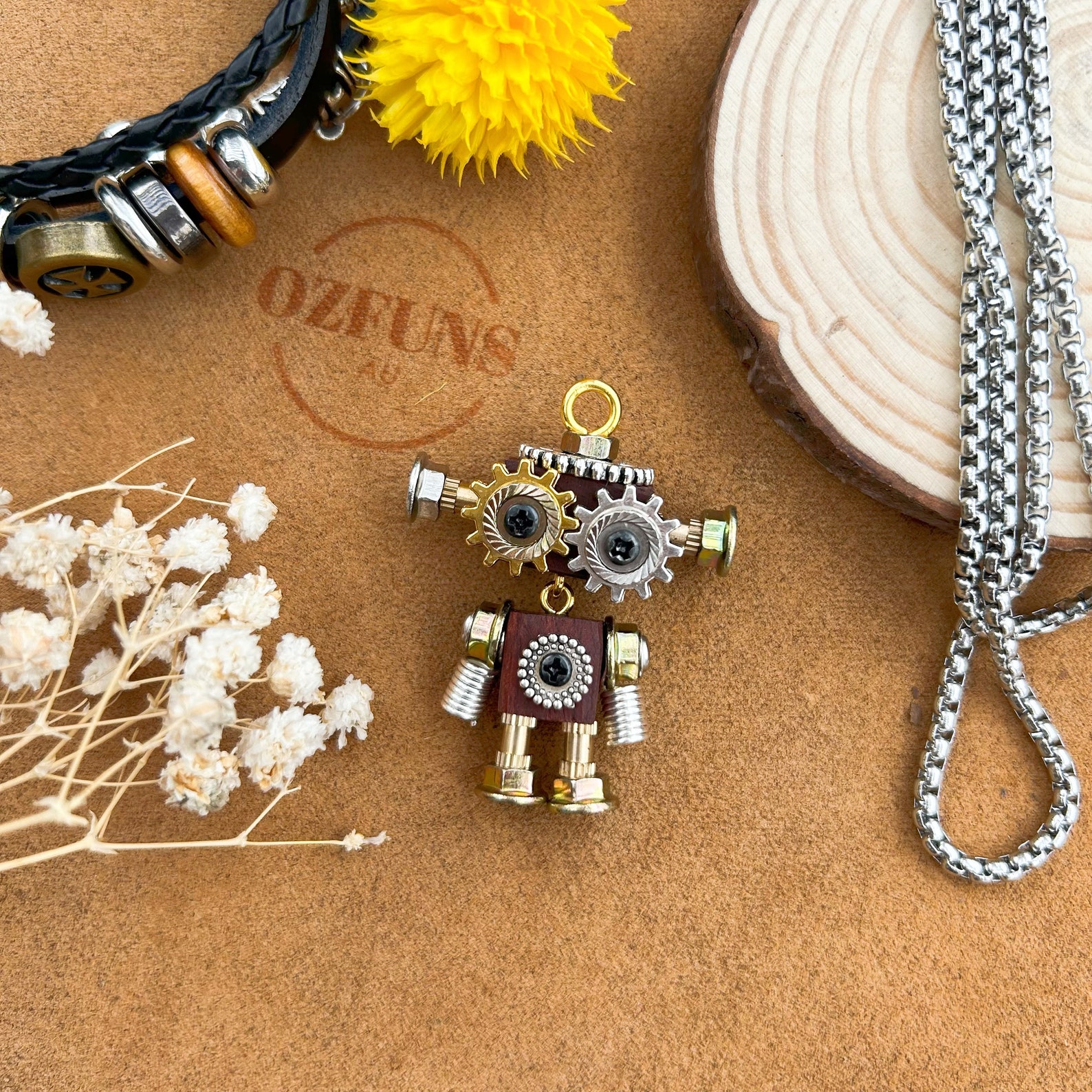 Handmade Steampunk Wooden Robot, Big Ear,keychain Decor/necklace Robot ...