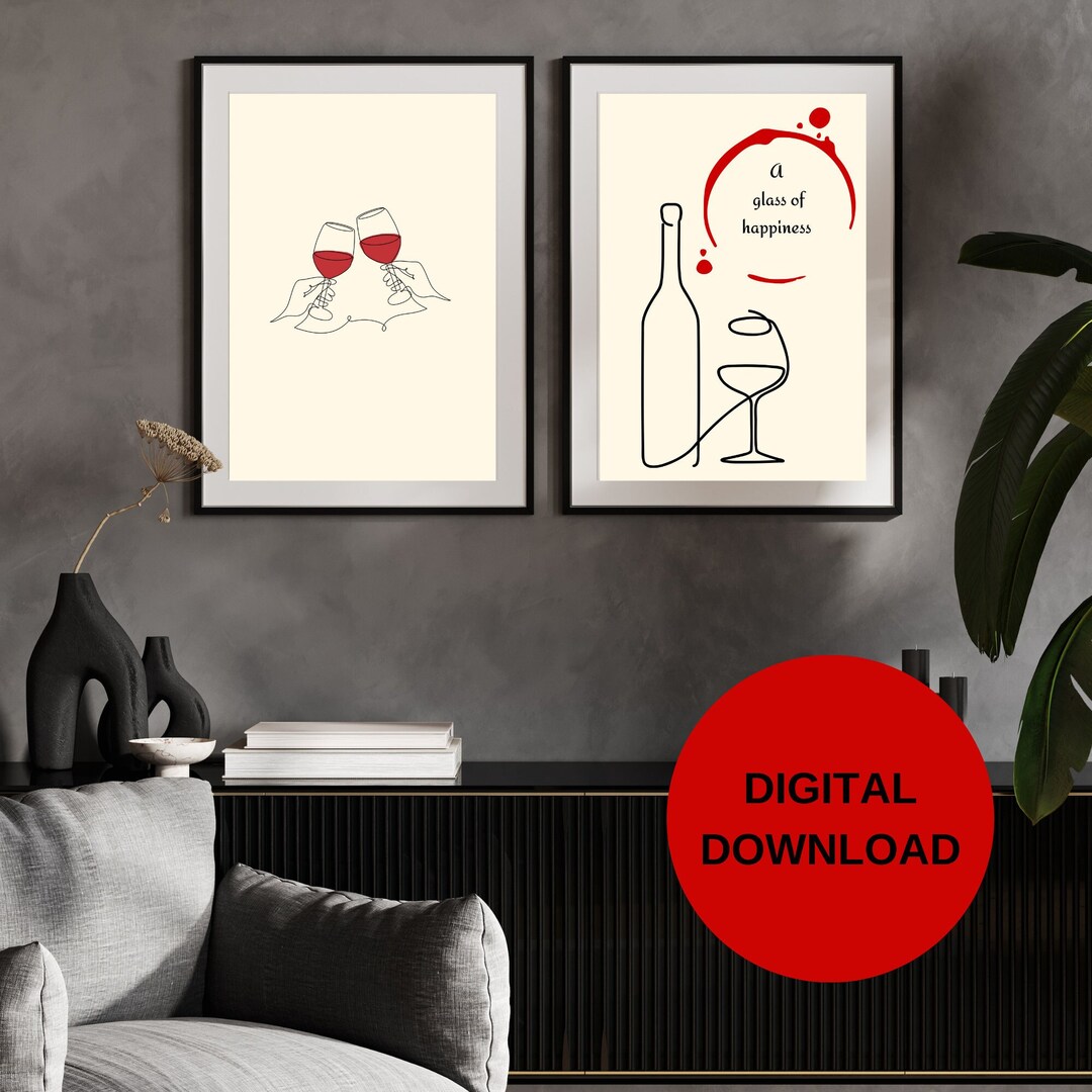 Red Wine Print Set of 2 ,wine Line Art Print Set,wine Lover Wall Art ...