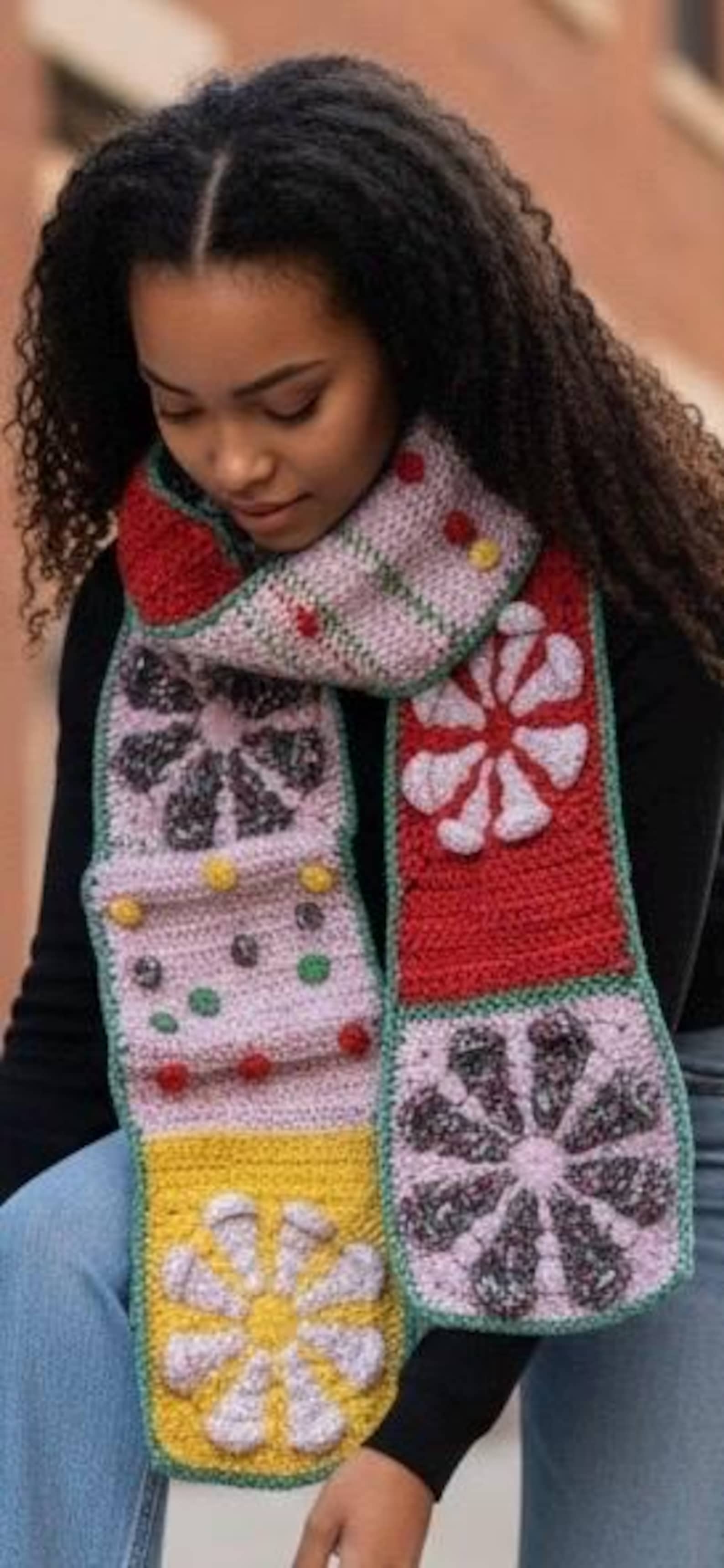 Handmade Crochet Angora Cotton Scarf: Colorful Patchwork Boho Wrap - Etsy